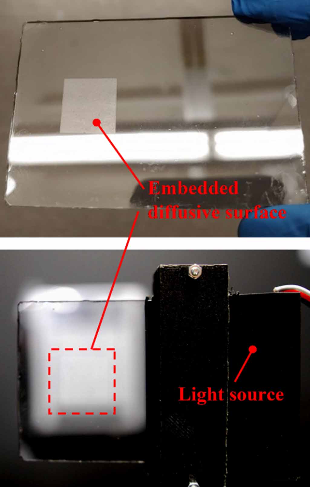 Visually clear diffusive light panel with embedded semi-reflective ...