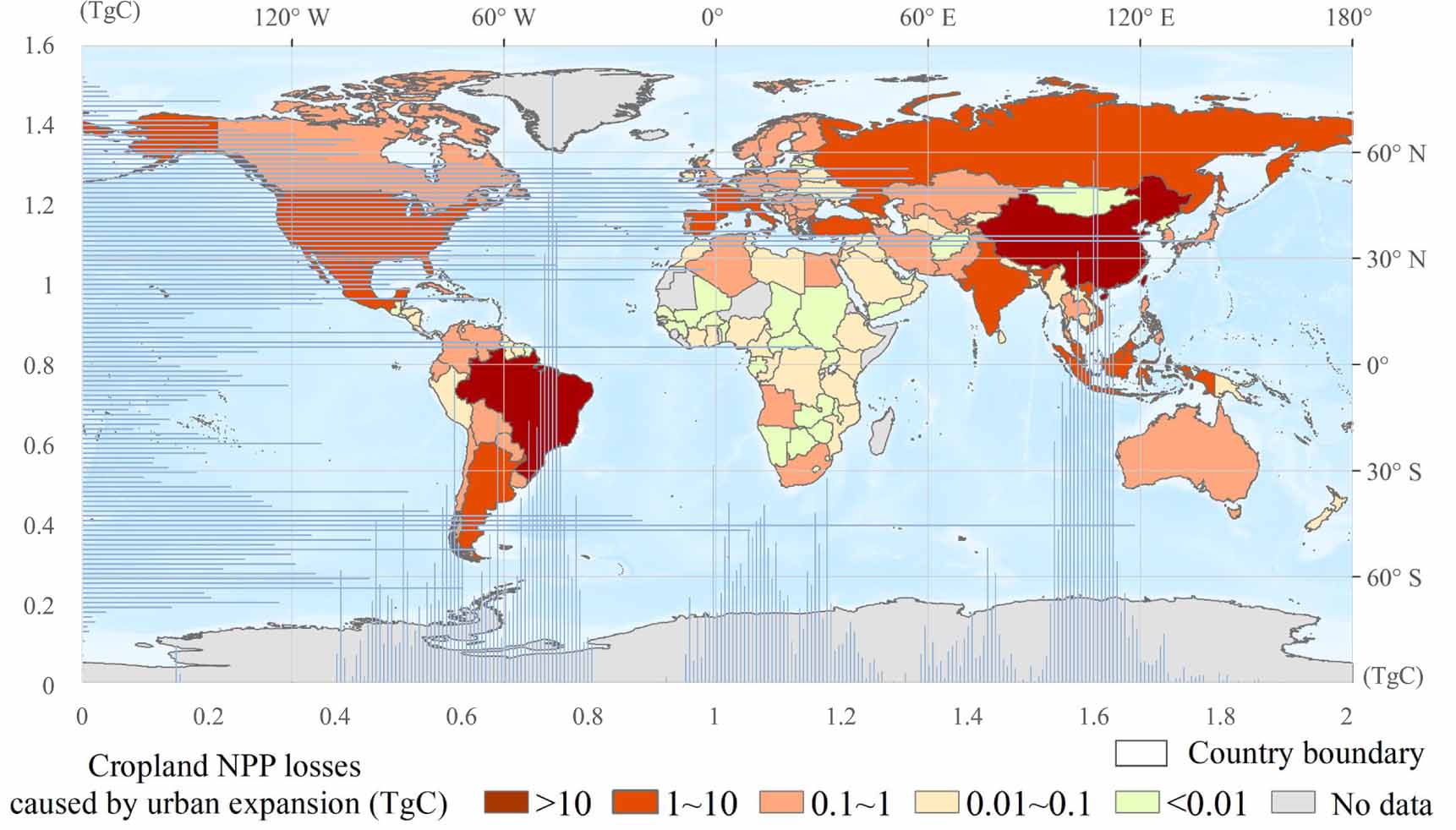 The occupation of cropland by global urban expansion from 1992 to 2016 ...