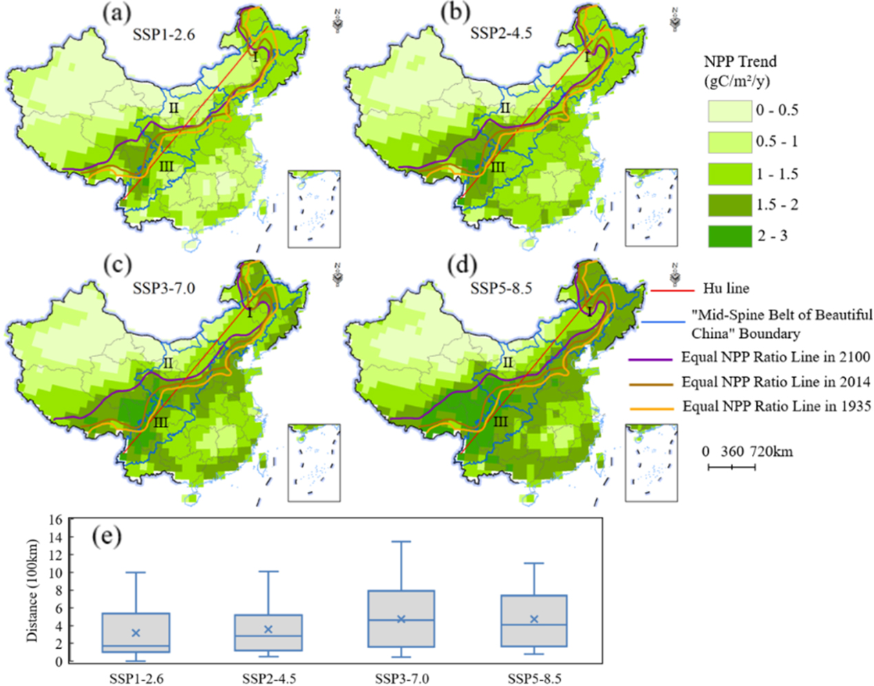 Possible future movement of the Hu line based on IPCC CMIP6 scenarios ...